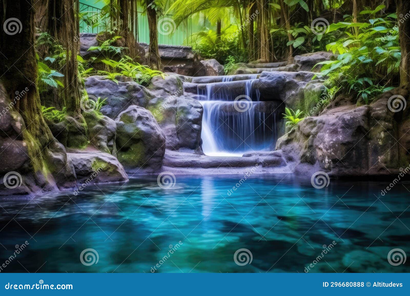 A Waterfall Flows into a Serene Hot Spring Pool Stock Illustration ...