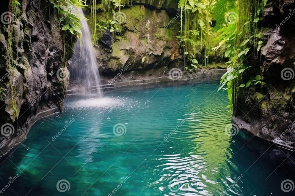 A Waterfall Flows into a Serene Hot Spring Pool Stock Image - Image of ...