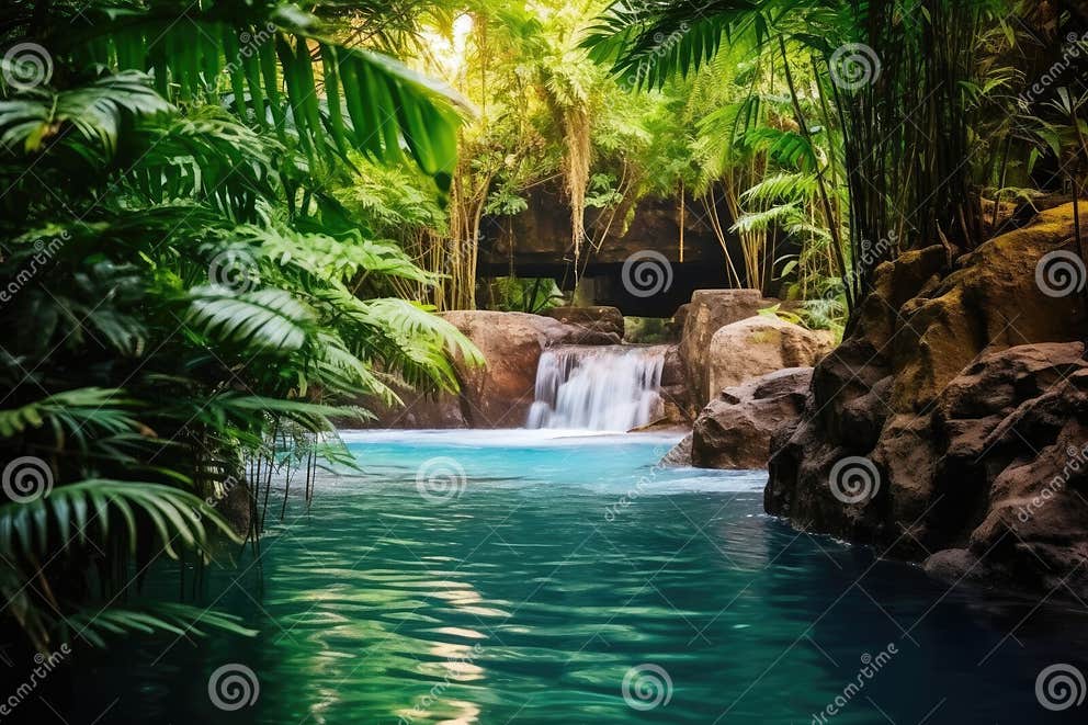 A Waterfall Flows into a Serene Hot Spring Pool Stock Photo - Image of ...