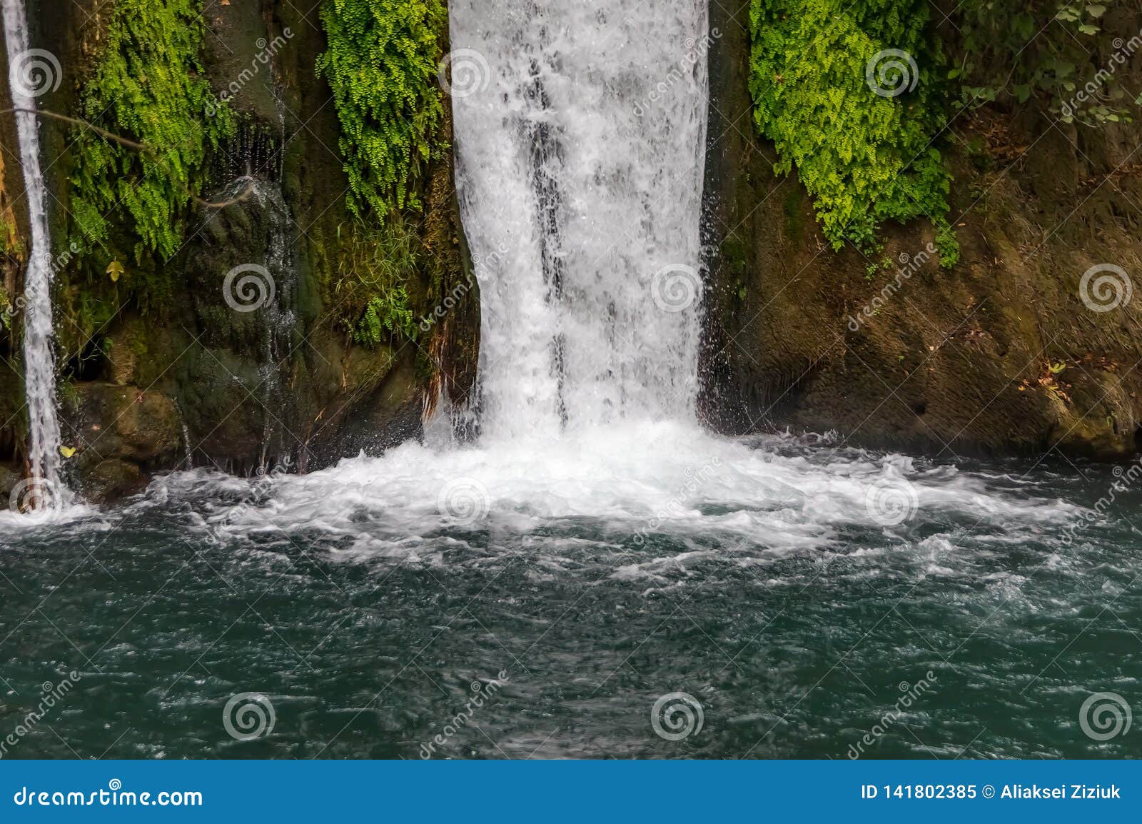 Waterfall in the Forest, it Falls into the Lake. Close-up. Stock Image ...