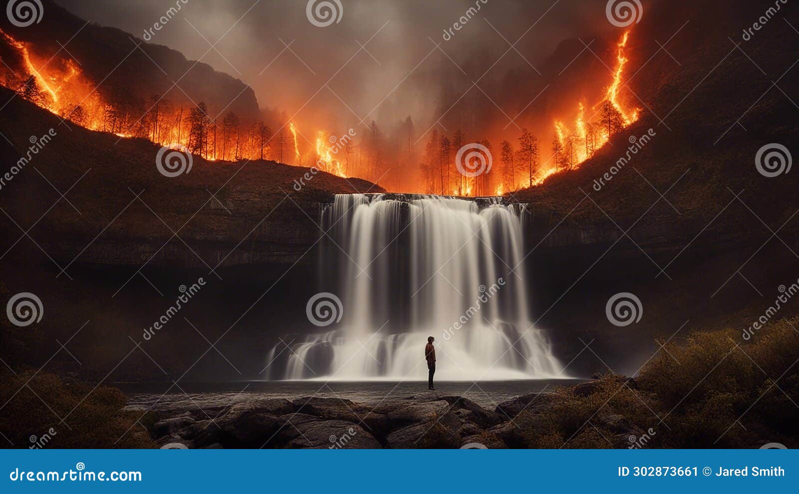 Waterfall in the Forest Horror Waterfall of Fire, with a Landscape of ...