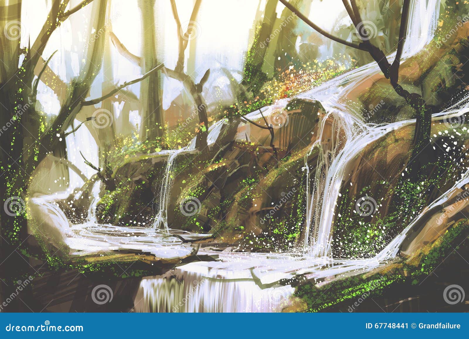 Waterfall in forest stock illustration. Illustration of watercolor ...