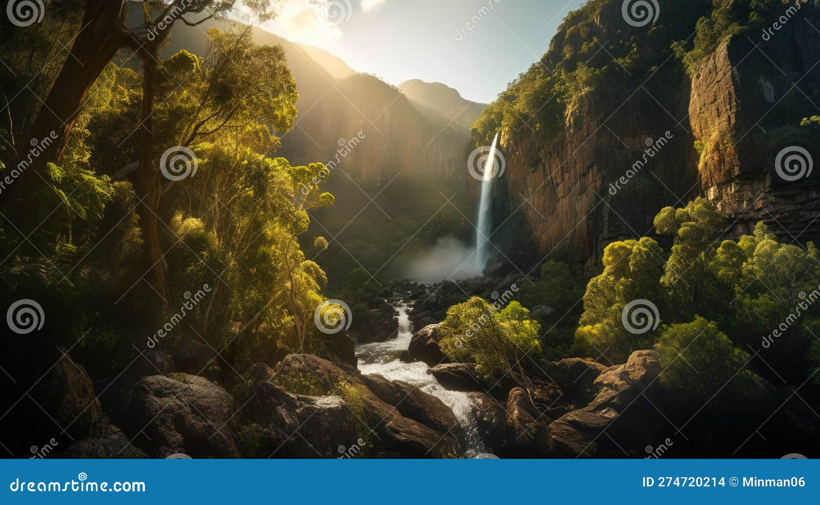 Waterfall in the Forest among the Mountain Range at Sunset. AI ...