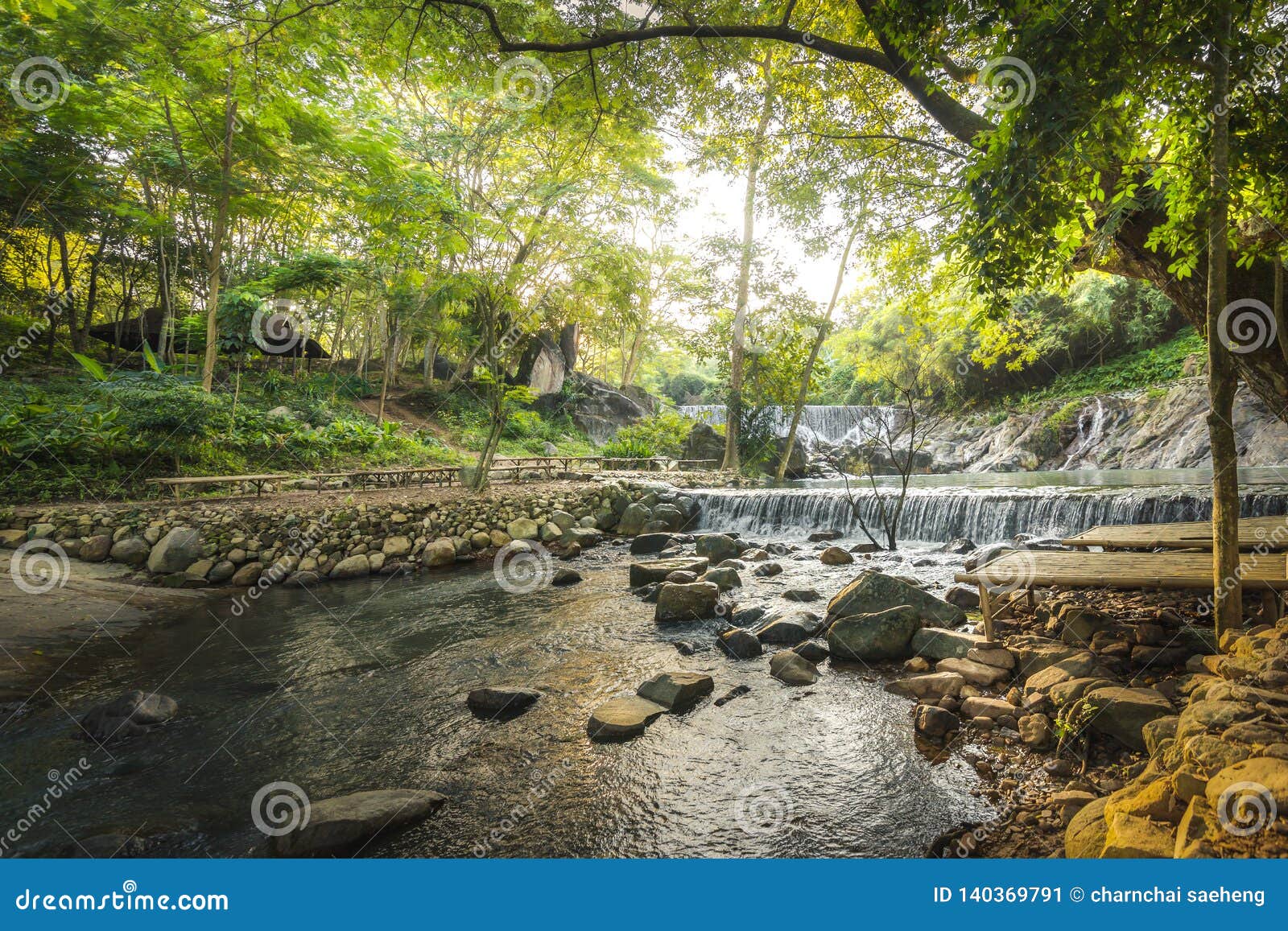 The Waterfall in the Forest and Sunrise in the Morning Stock Image ...