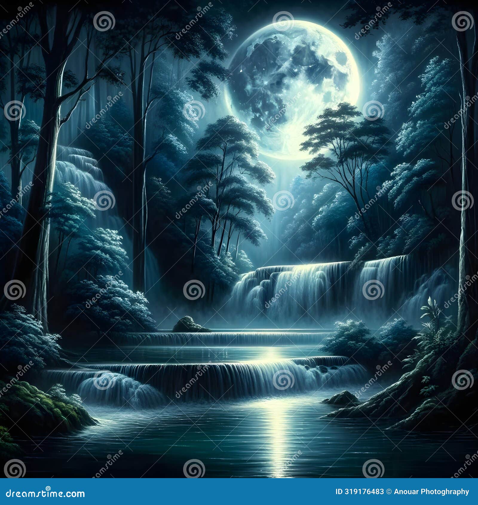 Waterfall with a Full Moon in the Background Stock Illustration ...
