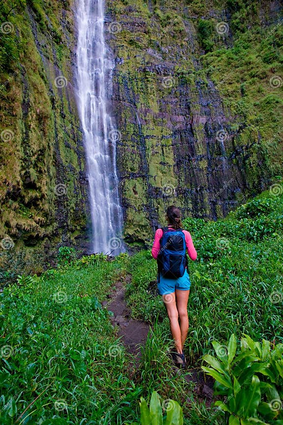 Waterfall Hike Person Backpack Paradise Stock Photo - Image of leisure ...