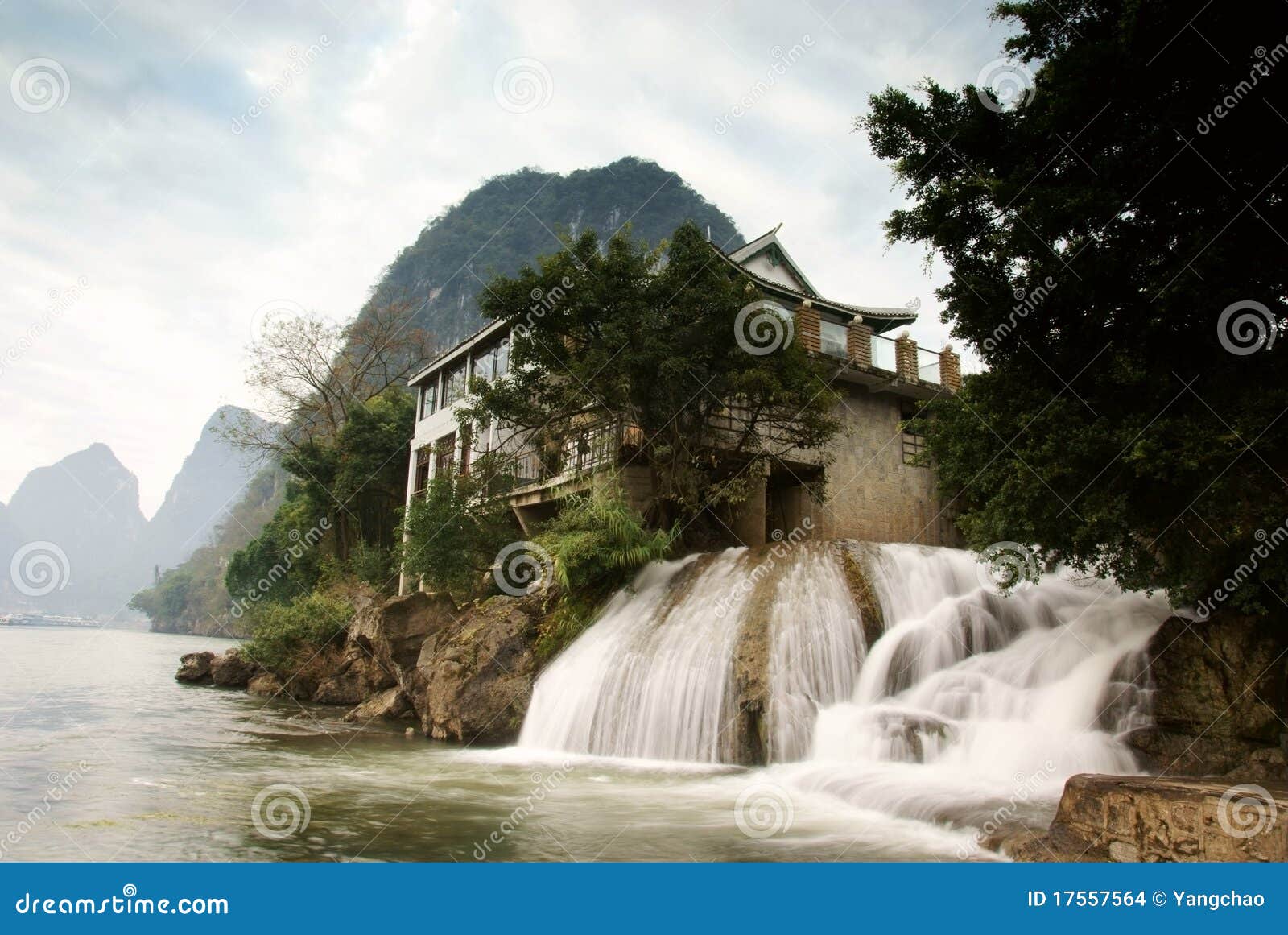 Waterfall with house stock photo. Image of guilin, mountain - 17557564