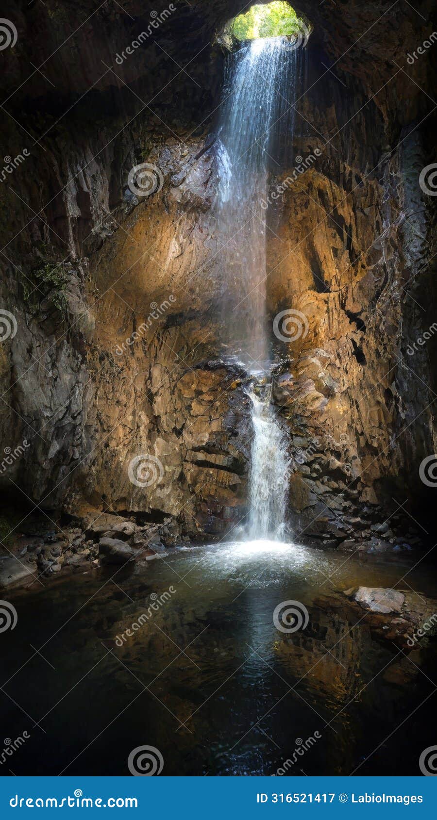 Waterfall Inside Rocky Cave With Glowing Pond Lanterns And Tropical ...