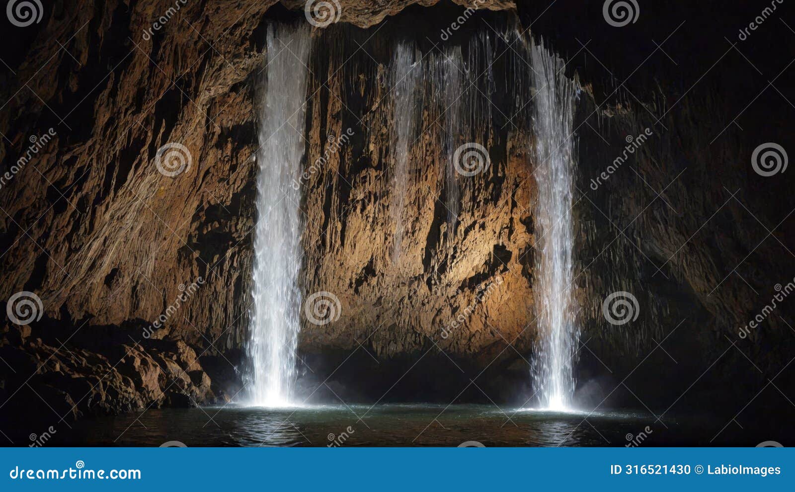 Waterfall Inside Rocky Cave With Glowing Pond Lanterns And Tropical ...