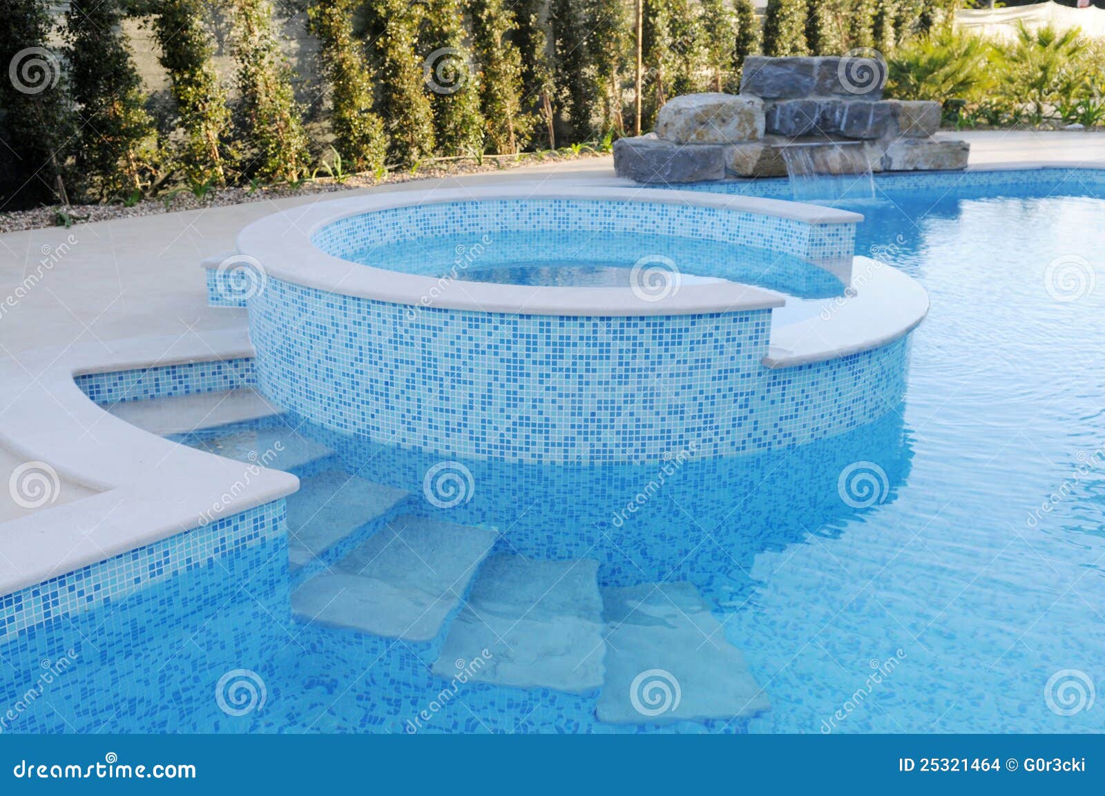 Pool with Blue Tiles, Artificial Waterfall, Round Kids Pool Stock Photo ...