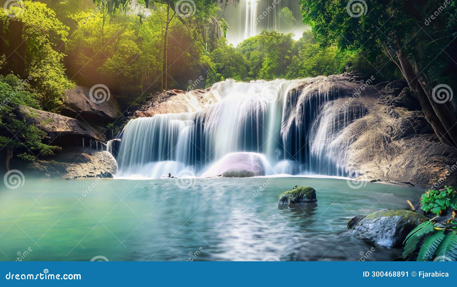 Waterfall in jungle stock illustration. Illustration of green - 300468891