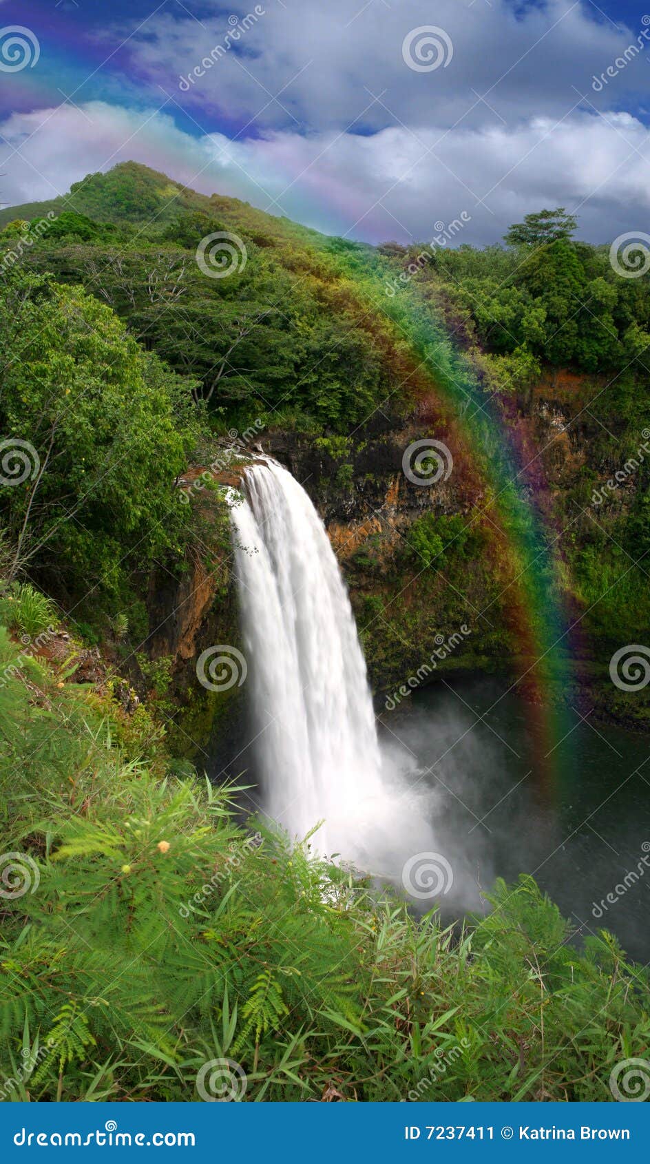 Waterfall in Kauai Hawaii with Rainbow Stock Image - Image of lush ...