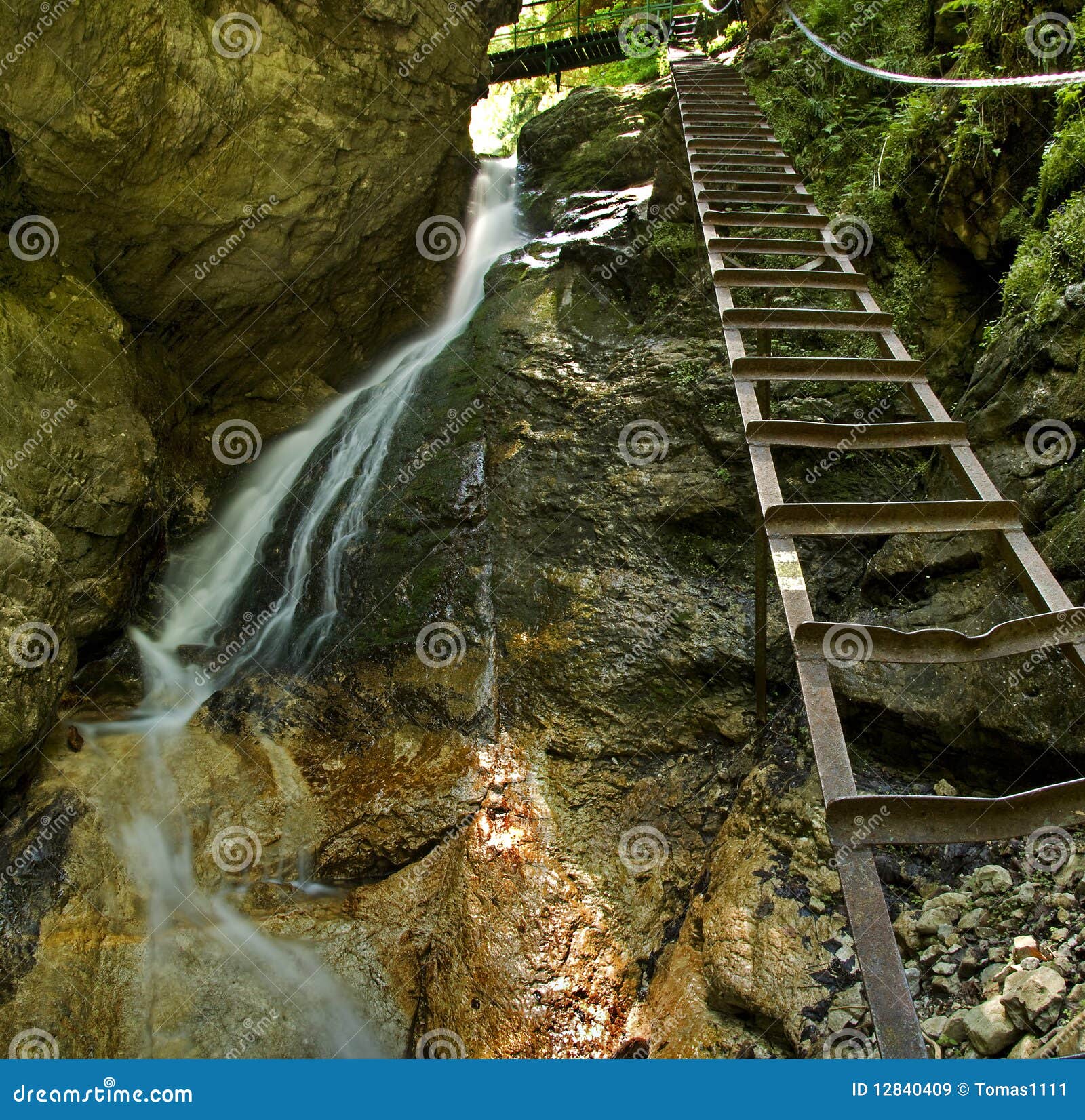 Waterfall with Ladder in Canyon Stock Image - Image of landscape ...