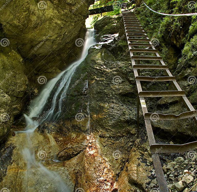 Waterfall with Ladder in Canyon Stock Image - Image of landscape ...
