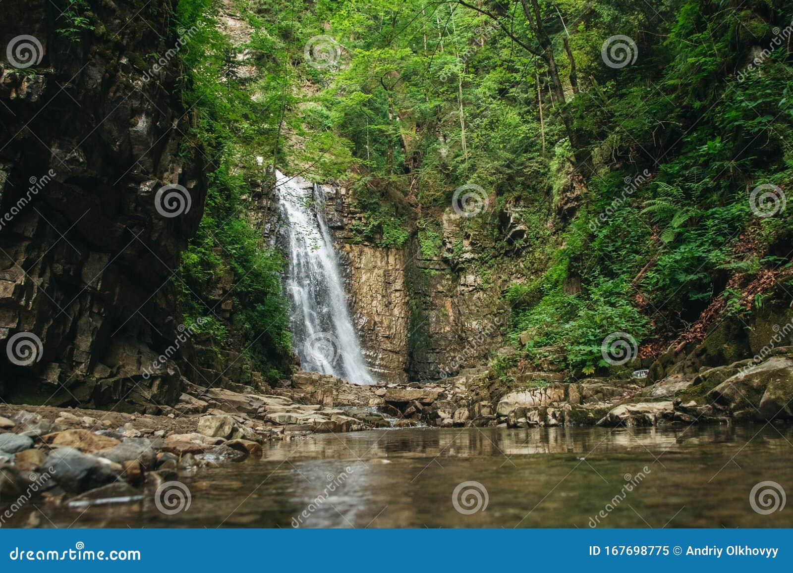 Waterfall with a Lake among Rocks and Forest Stock Image - Image of ...