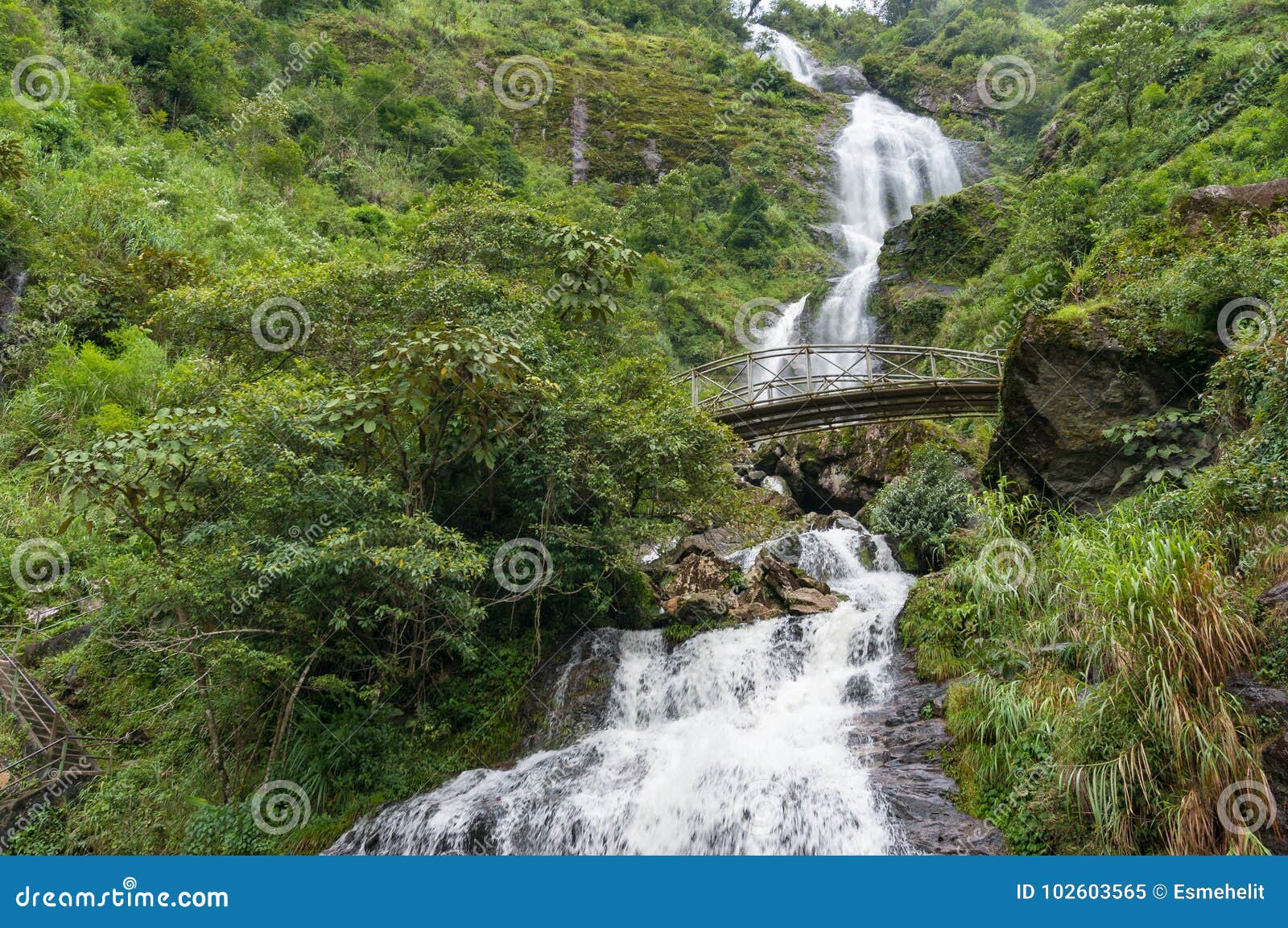 Waterfall Landscape with Arch Bridge Stock Image - Image of getaway ...
