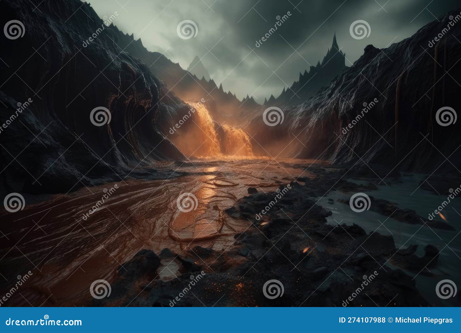 A Waterfall of Liquid Metal in an Apocalyptic Landscape Created with ...