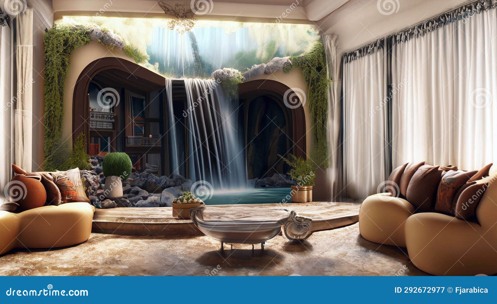 Waterfall living room stock illustration. Illustration of courtyard ...