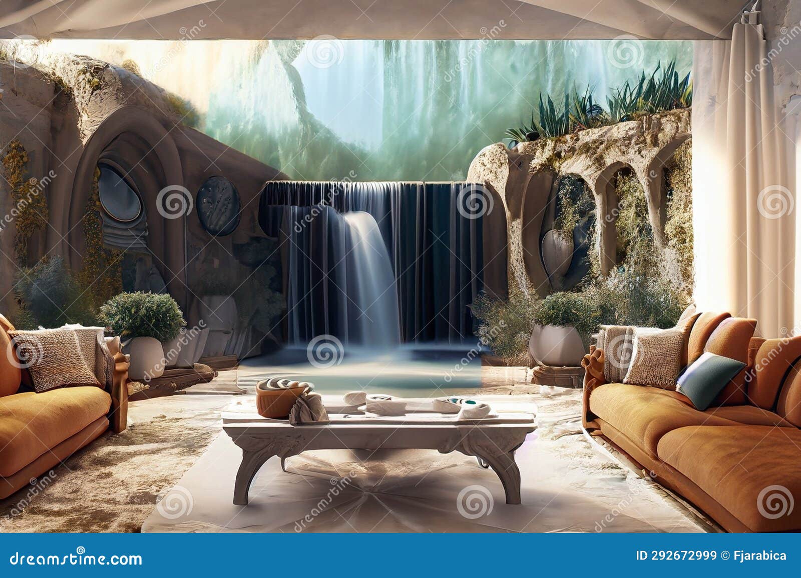 Waterfall living room stock illustration. Illustration of fountain ...