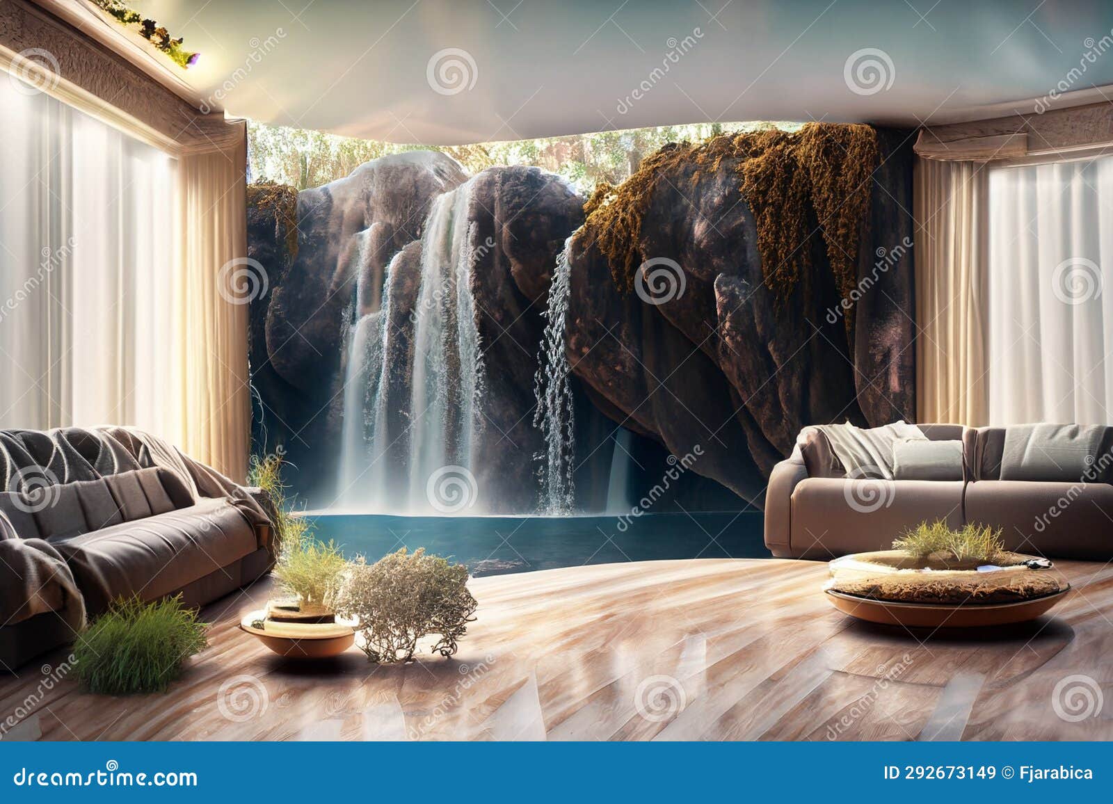 Waterfall living room stock illustration. Illustration of wall - 292673149