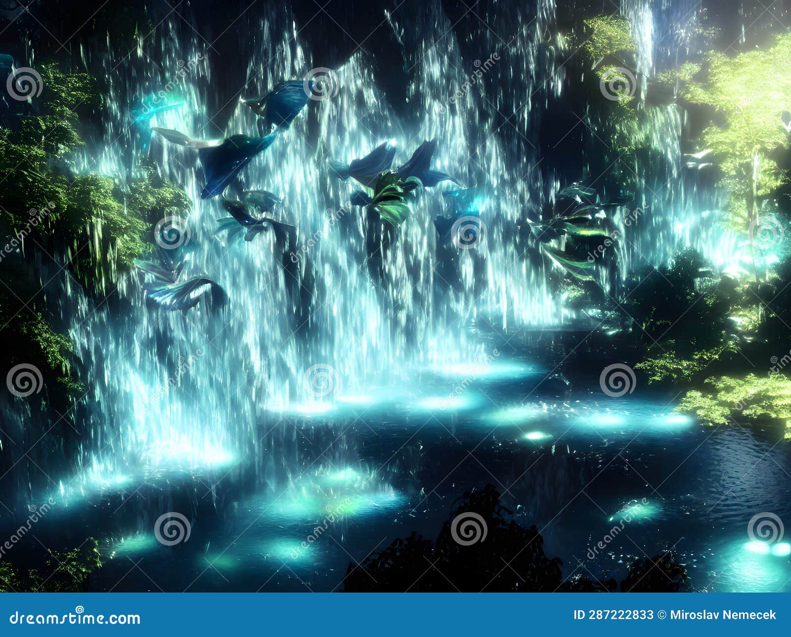 Waterfall with Luminous Creatures, Generative AI Illustration Stock ...
