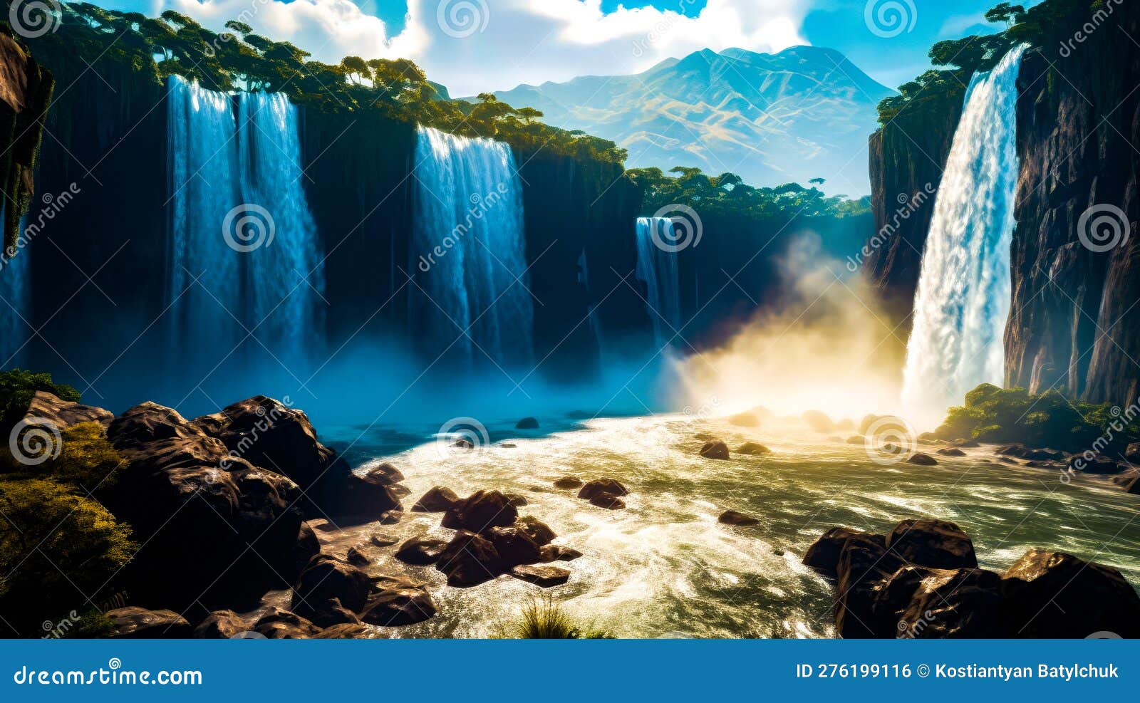 Waterfall in the Middle of Body of Water with Mountain in the ...