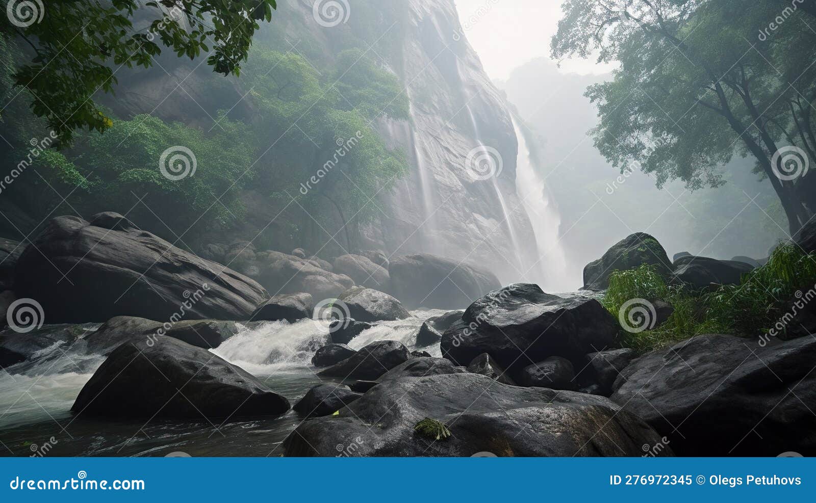 A Waterfall in the Middle of a Forest Filled with Rocks Stock ...