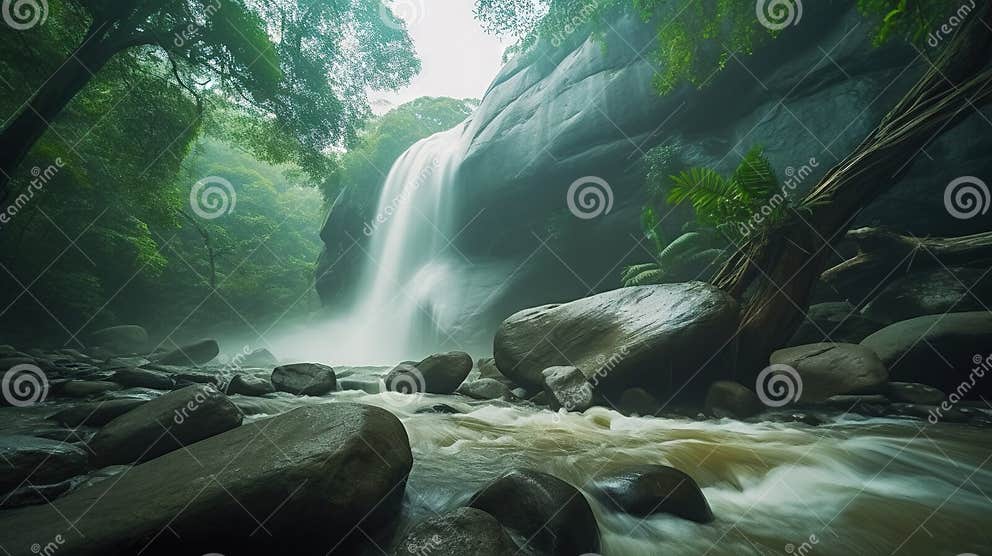 A Waterfall in the Middle of a Forest Filled with Rocks Stock ...