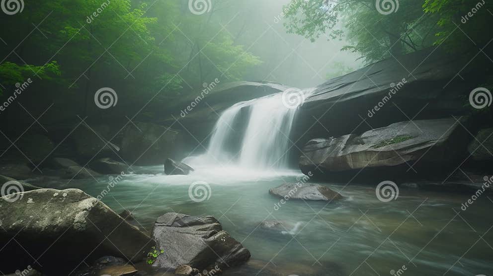 A Waterfall in the Middle of a Forest Filled with Rocks Stock Photo ...
