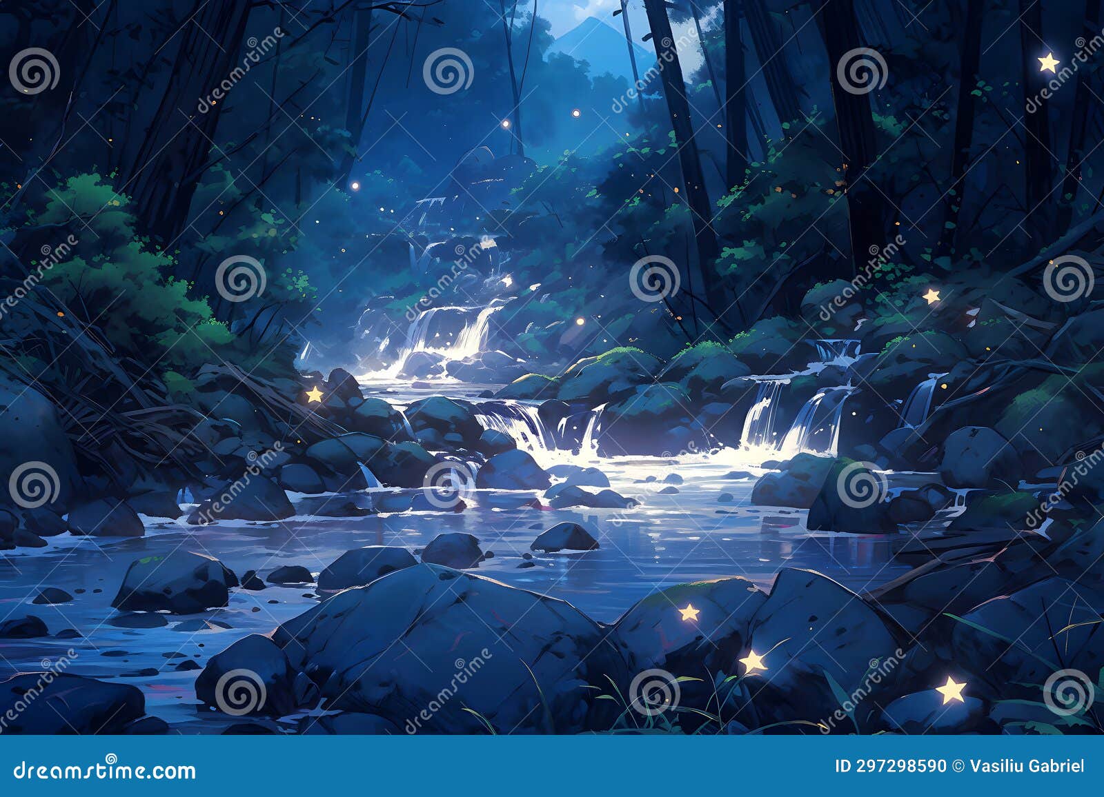 A Waterfall in the Middle of a Forest at Night, it S Raining. Nature ...