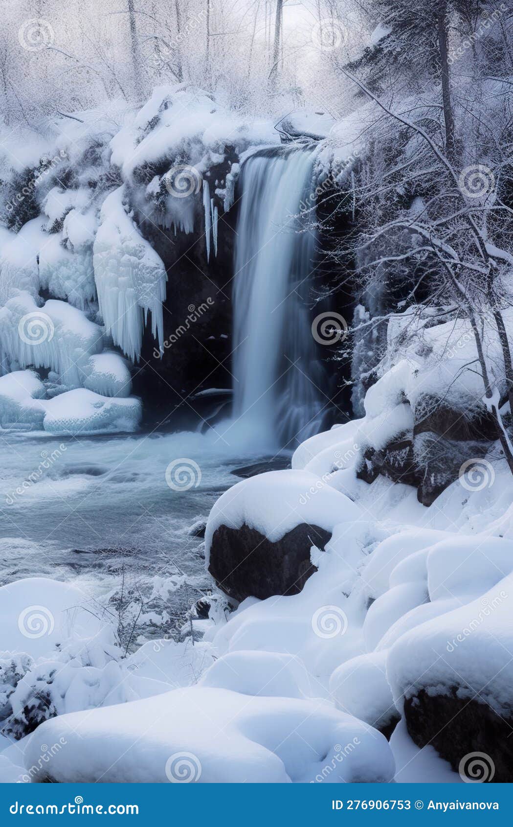 A Waterfall in the Middle of a Snowy Forest. AI Generative Image. Stock ...