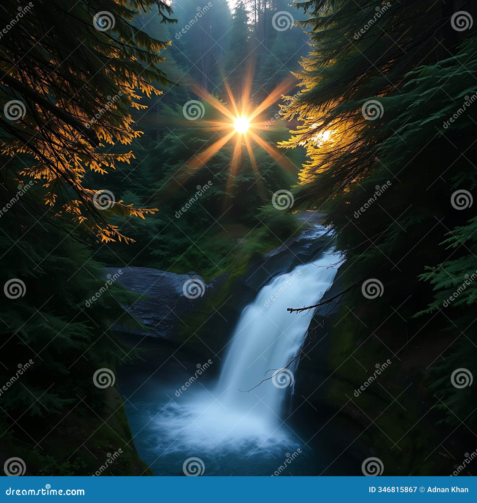 Waterfall in Morning Forest Light Stock Illustration - Illustration of ...