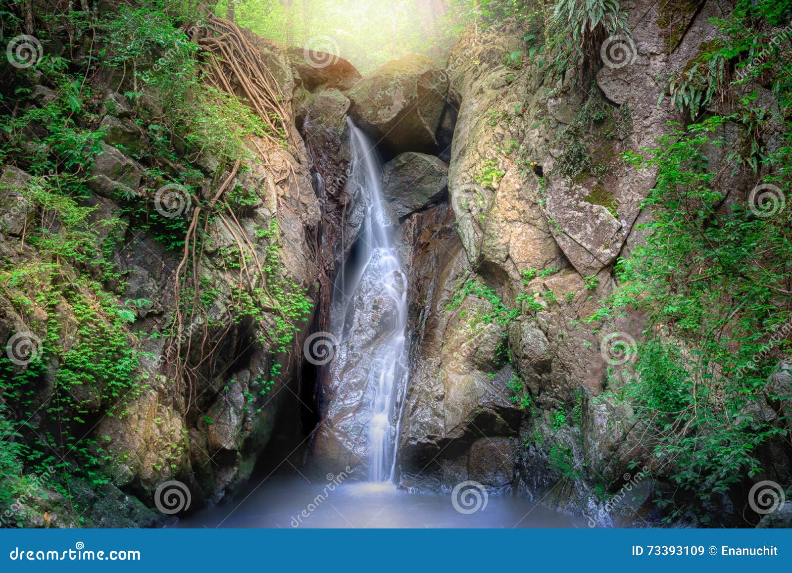 Waterfall on a Mountain Slope in Deep Forest. Tropical Waterfall in ...