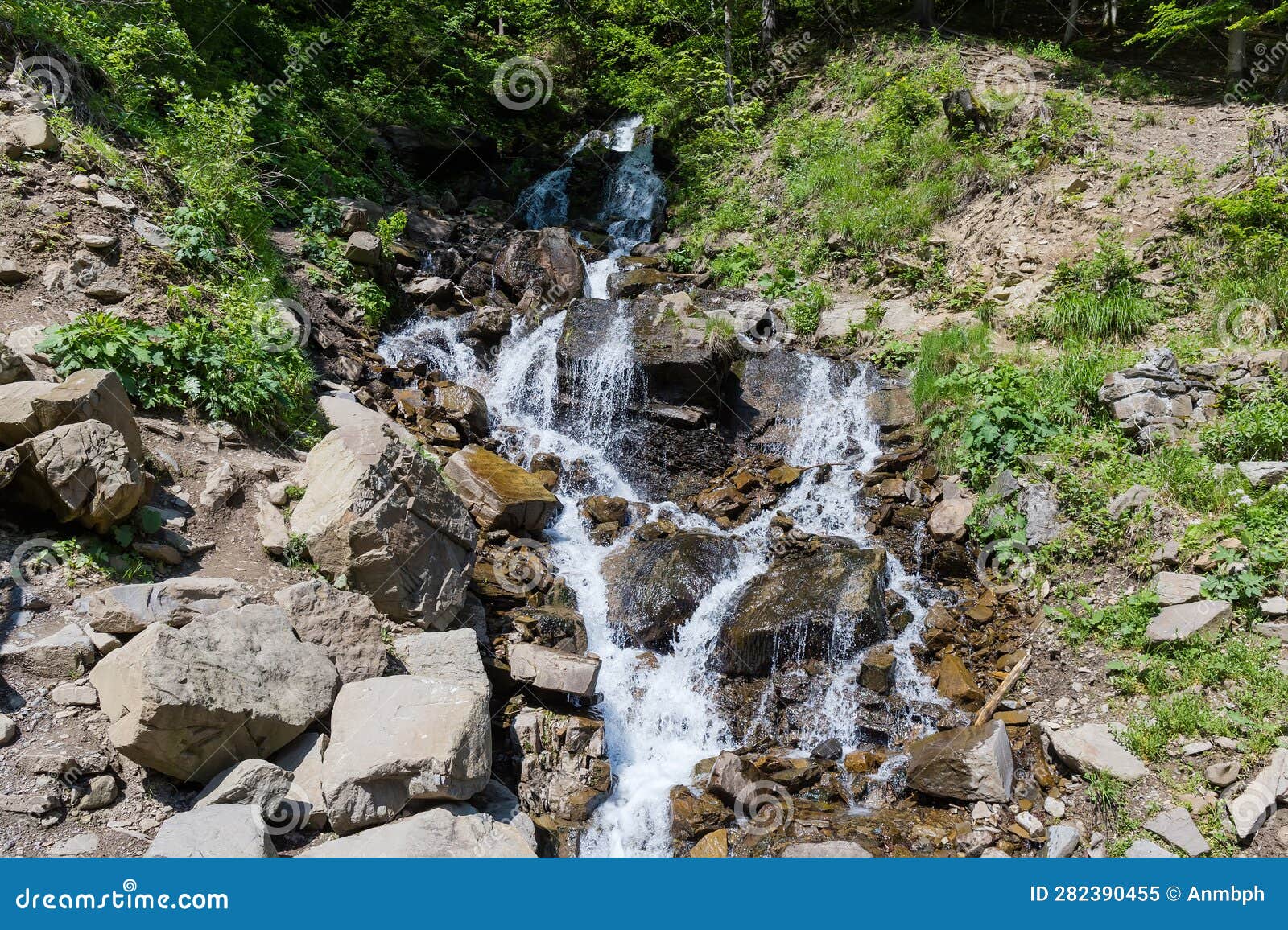 Waterfall on a Mountain Stream Flowing Out of the Forest Stock Image ...