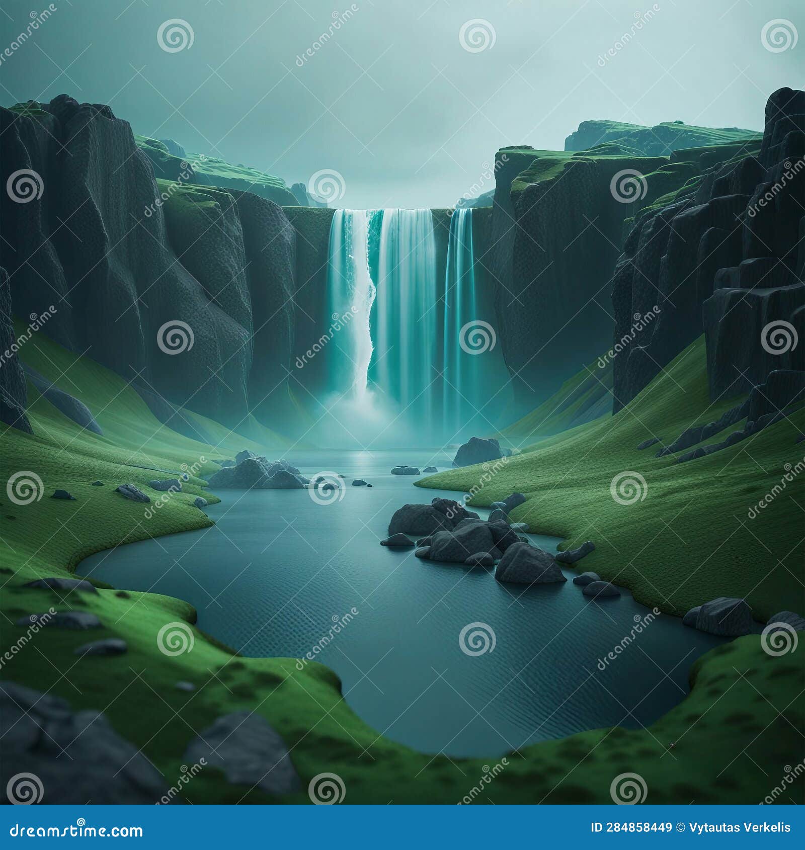 Waterfall between Mountains and Green Meadow Stock Illustration ...