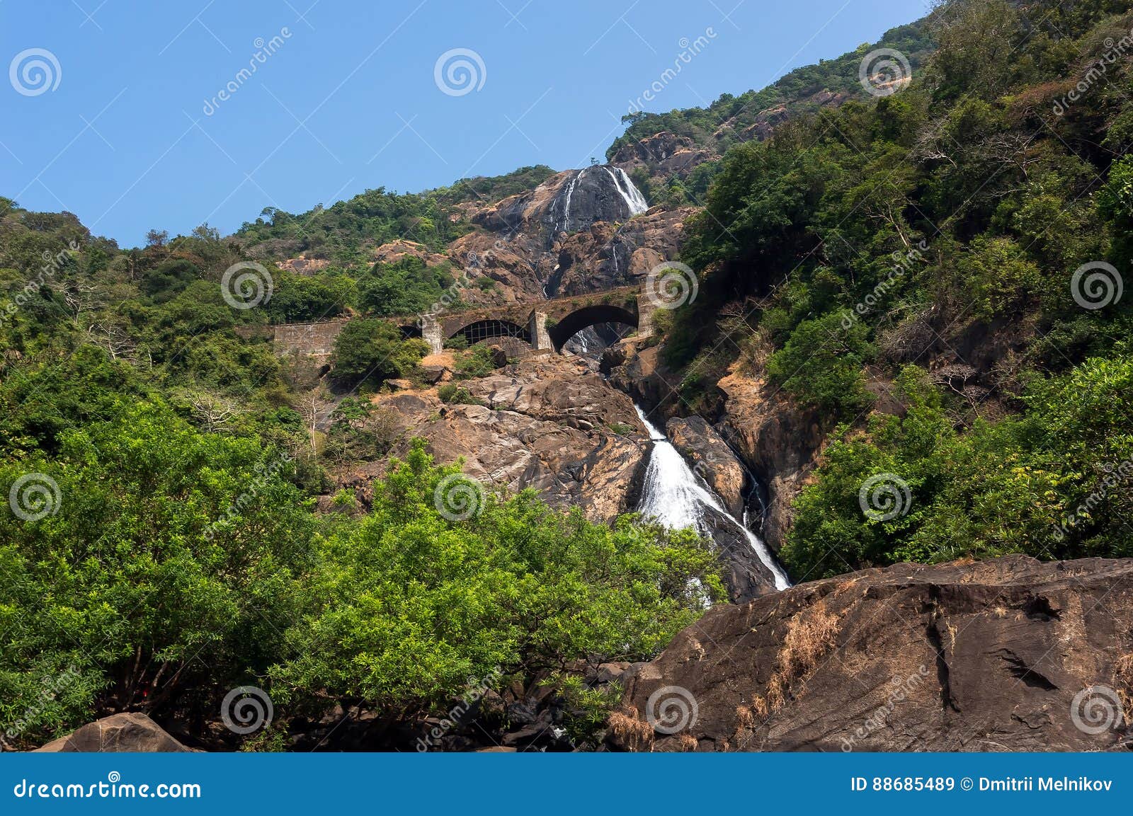 Waterfall in the Mountains among the Green Trees in the Jungle. Goa ...