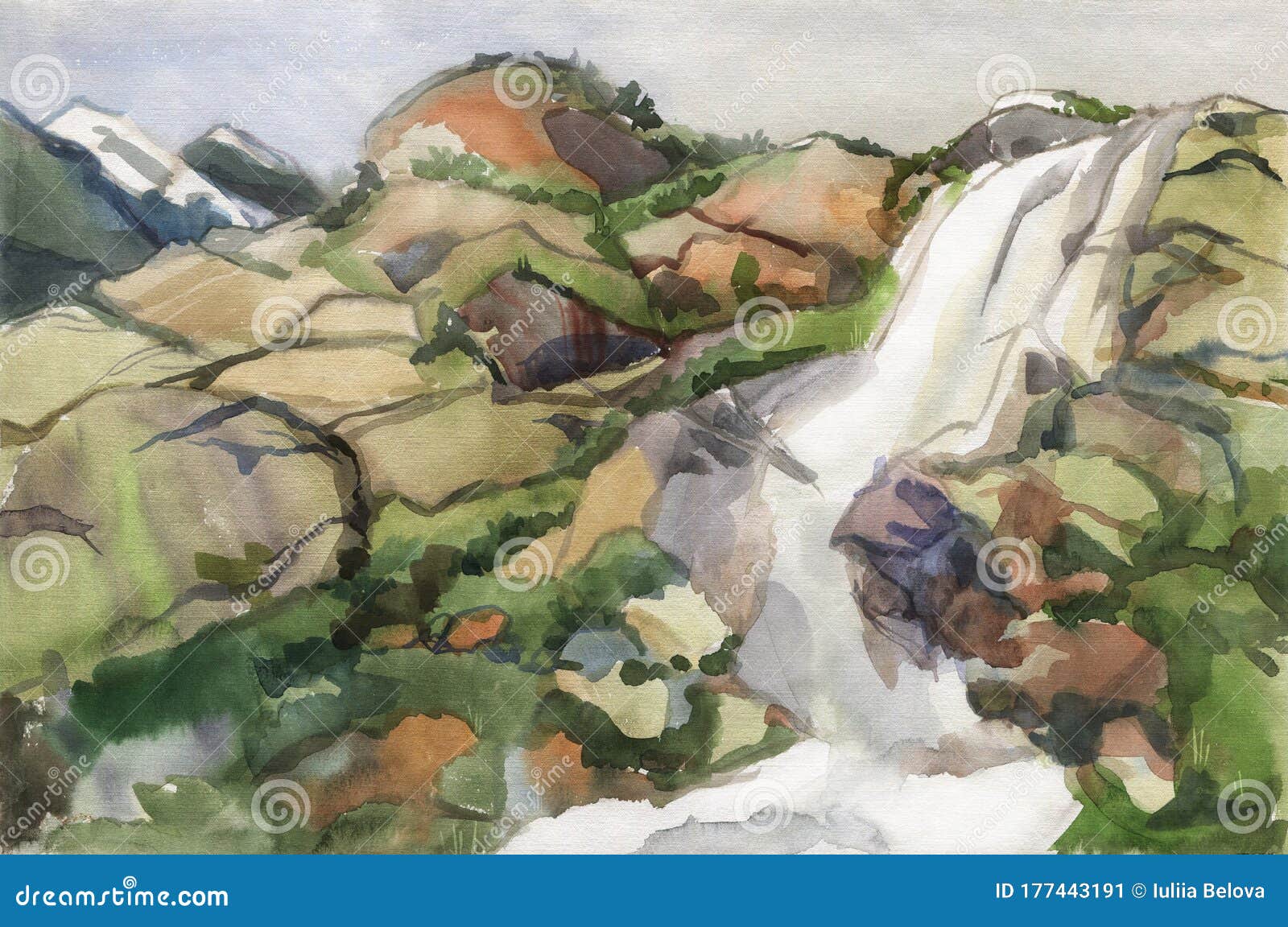 Waterfall in the Mountains among the Stones. Watercolor Drawing Stock ...