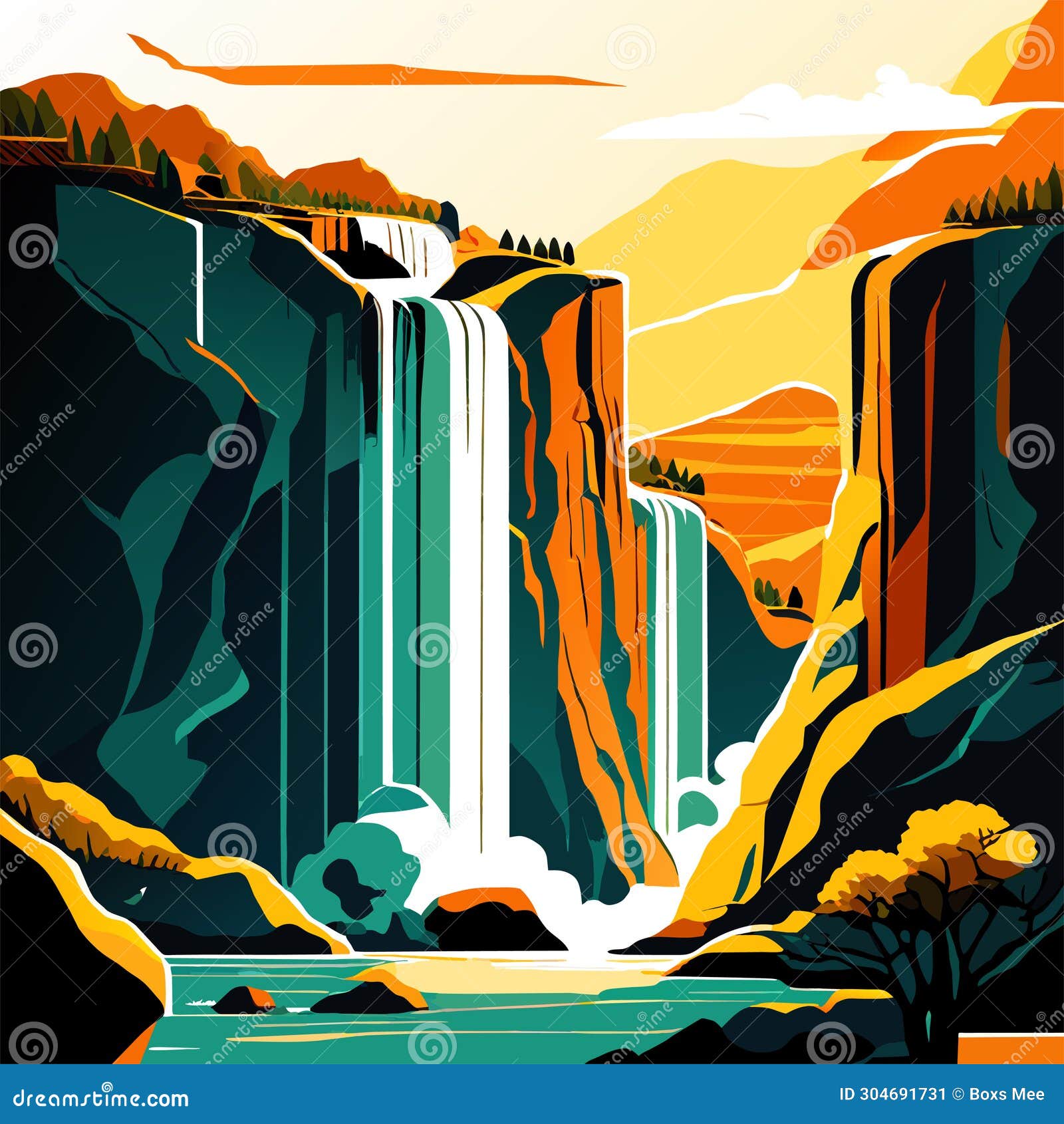 Waterfall in the Mountains. Vector Illustration in a Flat Style Stock ...