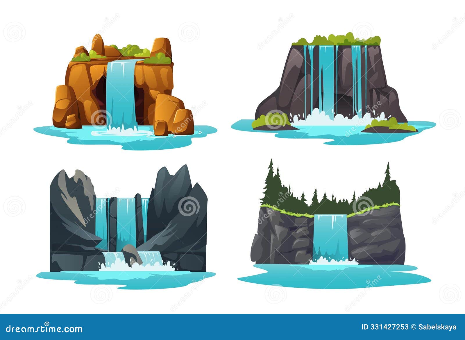 Waterfall Nature Elements Set of Flat Cartoon Vector Illustration ...