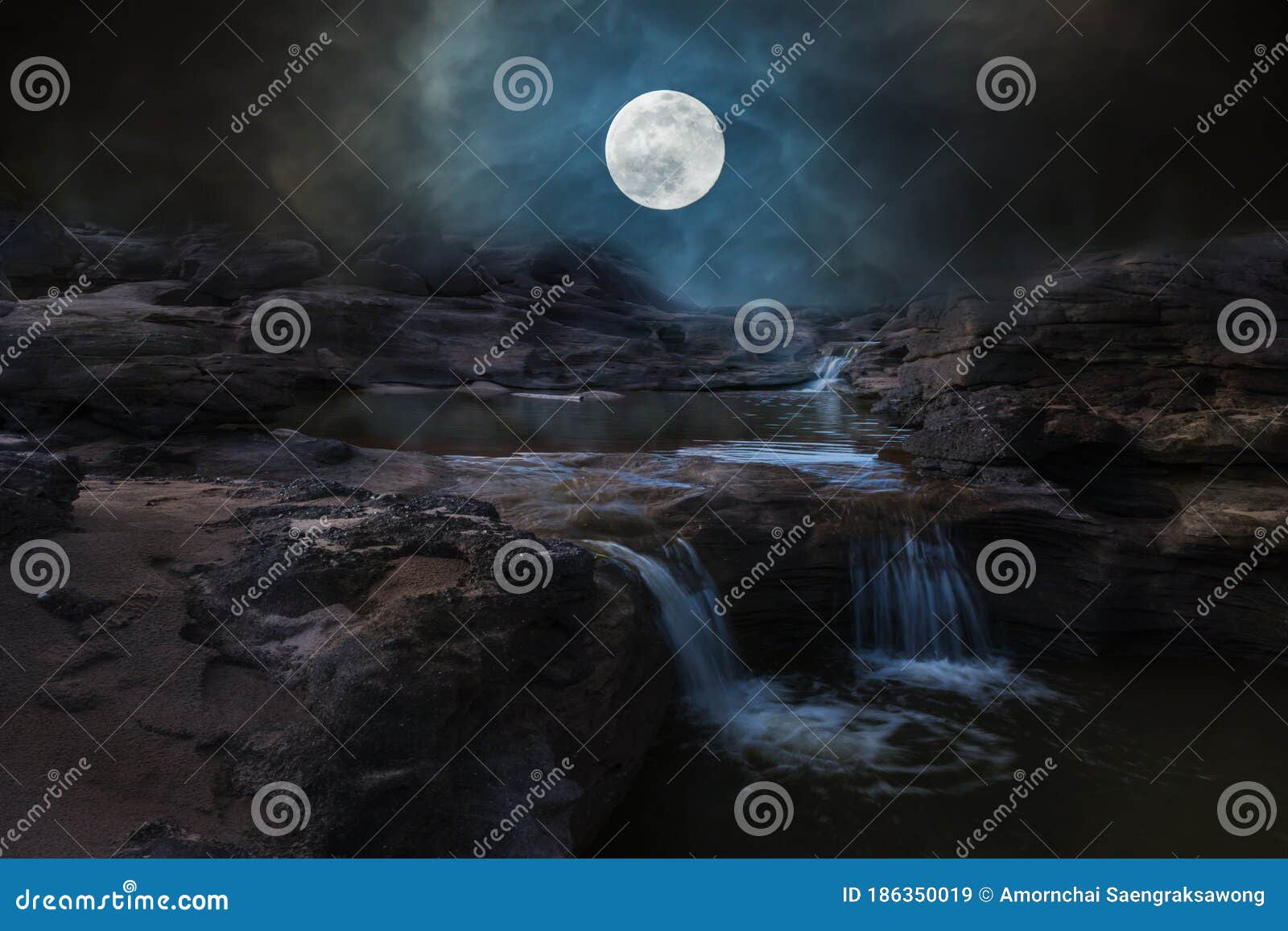 Beautiful Waterfall in Night with Full Moon Stock Image - Image of ...