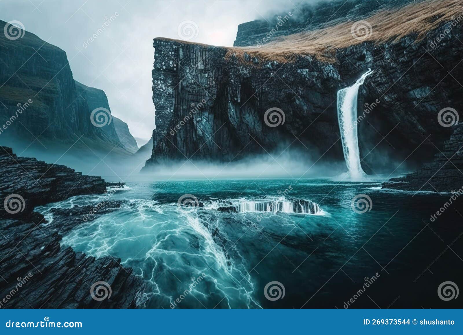Waterfall into the ocean stock illustration. Illustration of coast ...