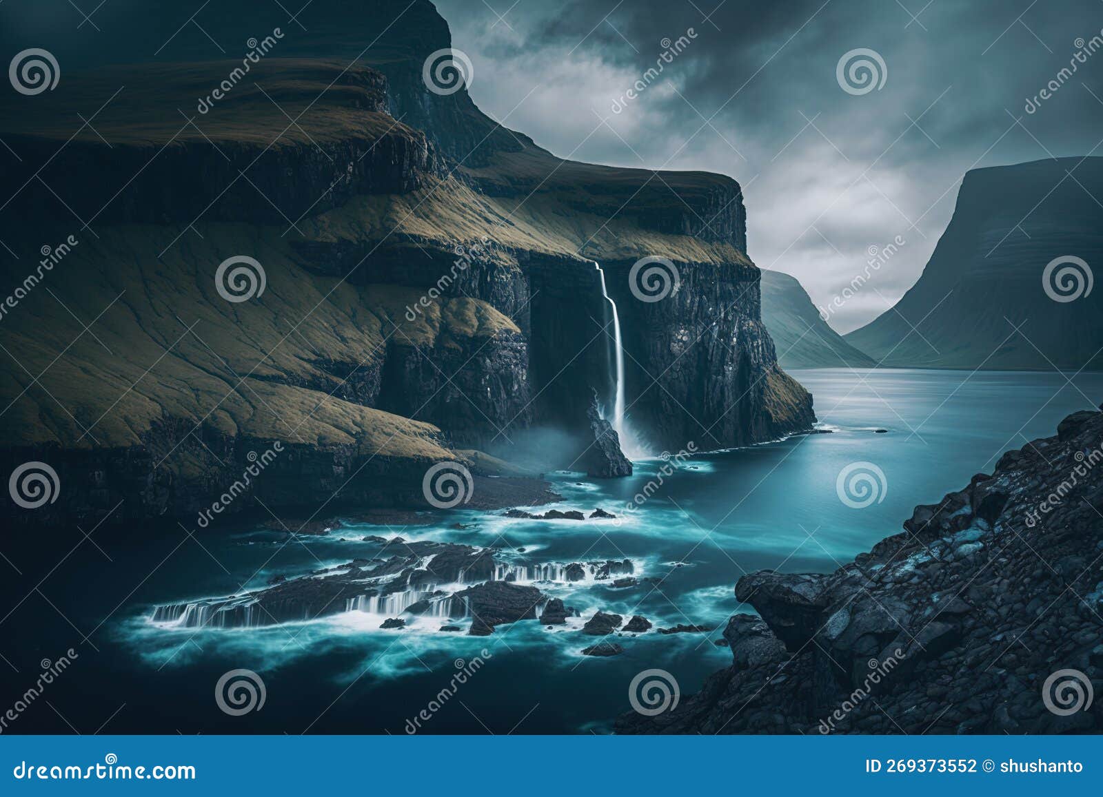 Waterfall into the ocean stock illustration. Illustration of river ...