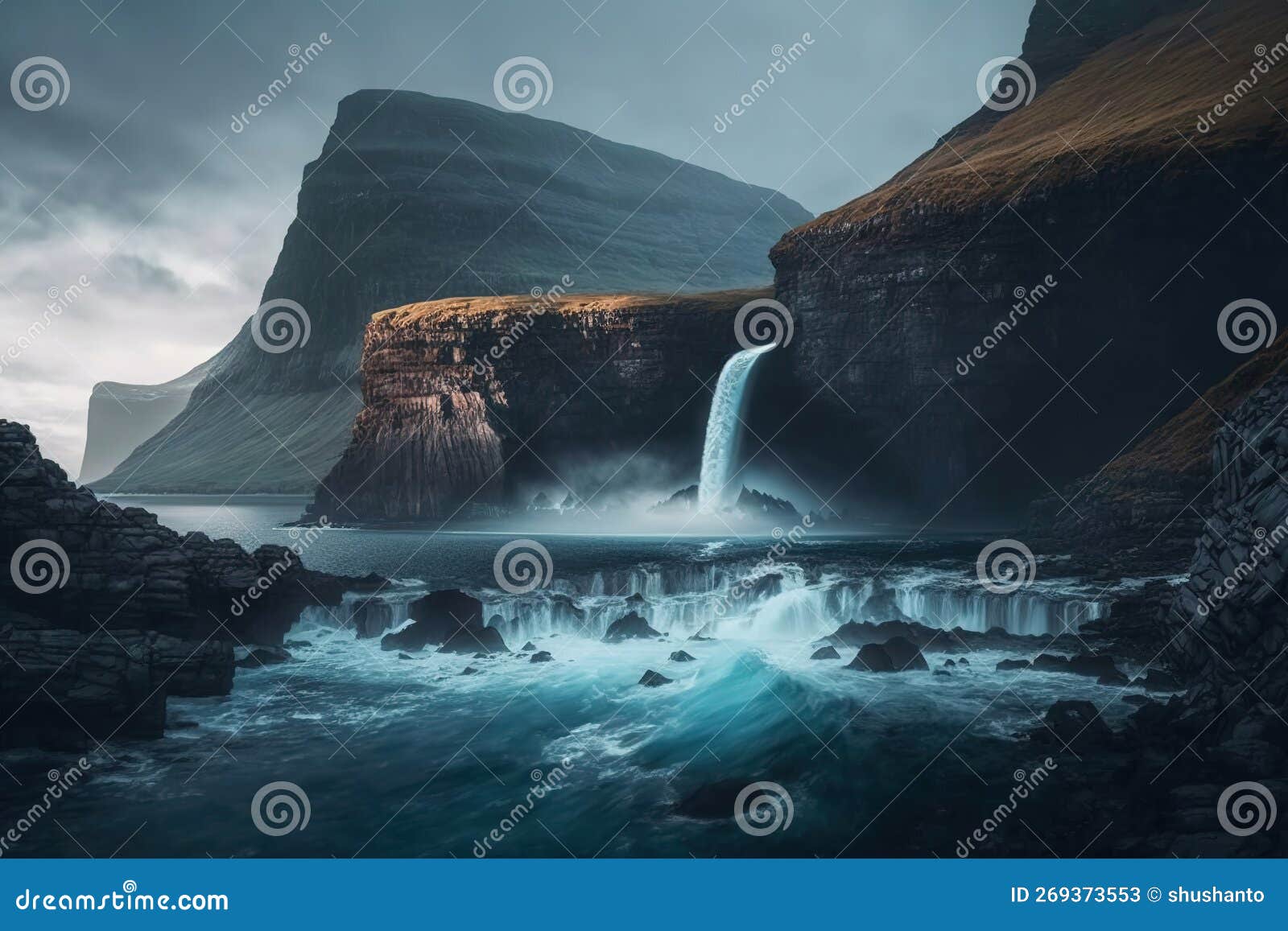 Waterfall into the ocean stock illustration. Illustration of ocean ...