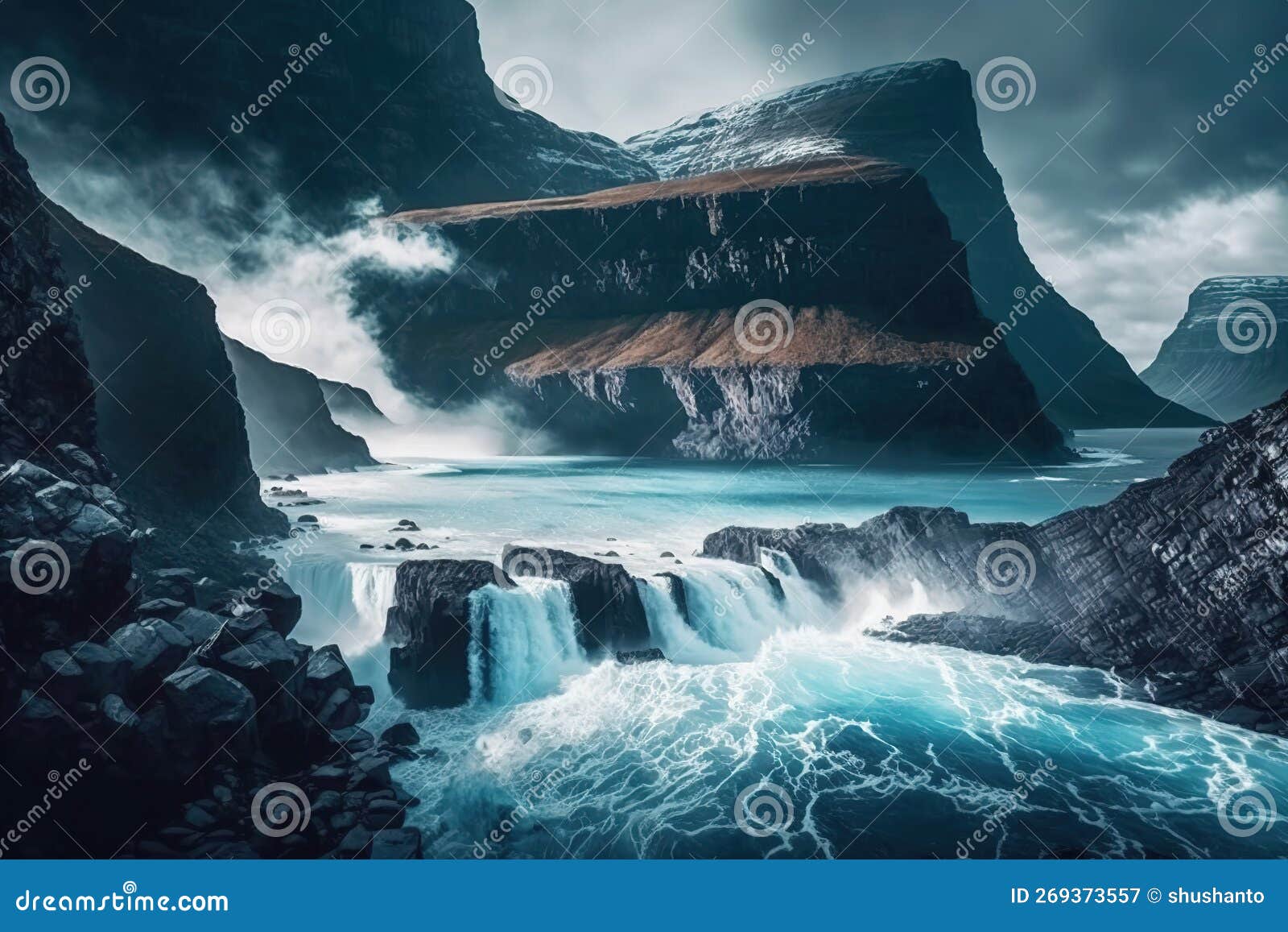 Waterfall into the ocean stock illustration. Illustration of rock ...