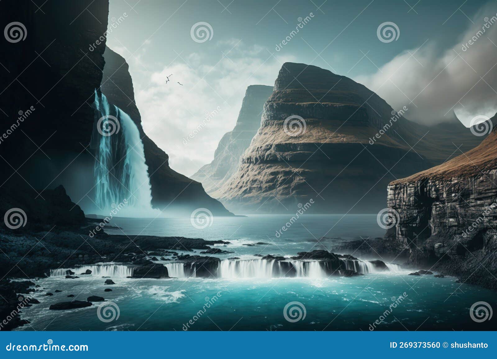 Waterfall into the ocean stock illustration. Illustration of rocks ...