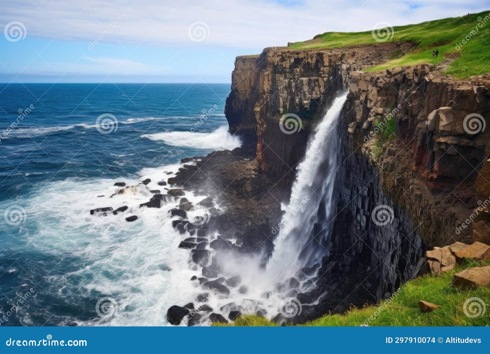 Waterfall Over Jagged Cliff into Ocean Stock Photo - Image of outdoor ...