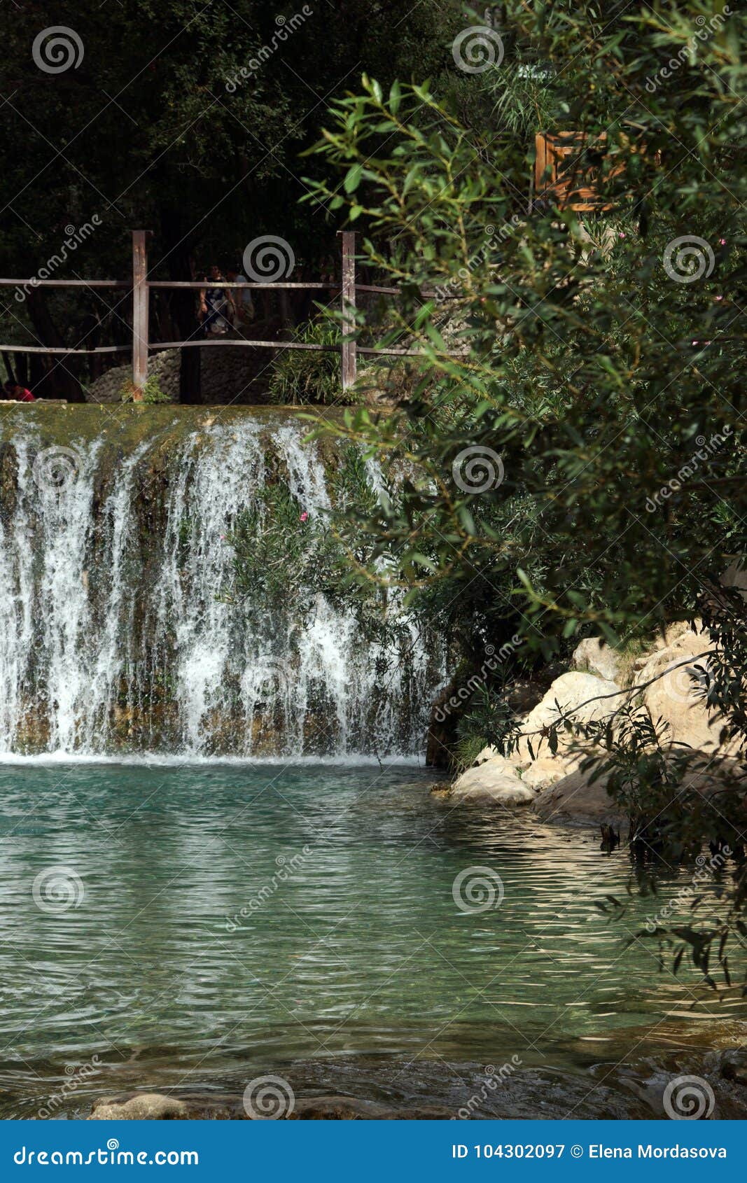 A Waterfall Over a Lake with Rocks and Plants on the Shore Stock Image ...