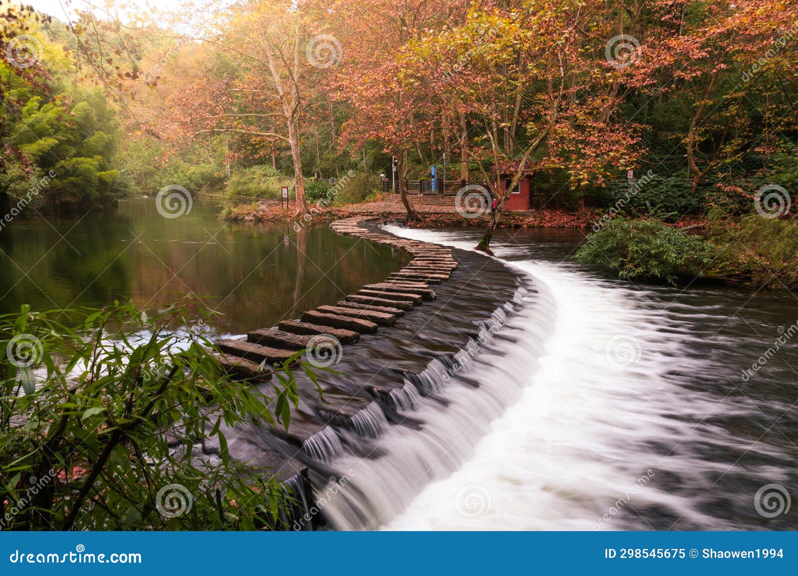 Waterfall and Pathway in Autumn Stock Image - Image of picturesque ...