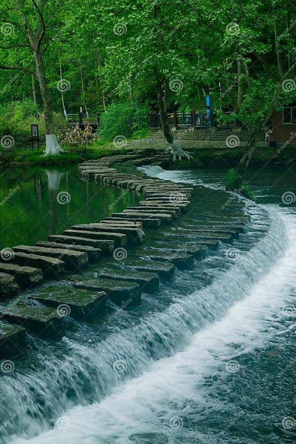 Waterfall and Pathway in Spring Stock Image - Image of color, colorful ...