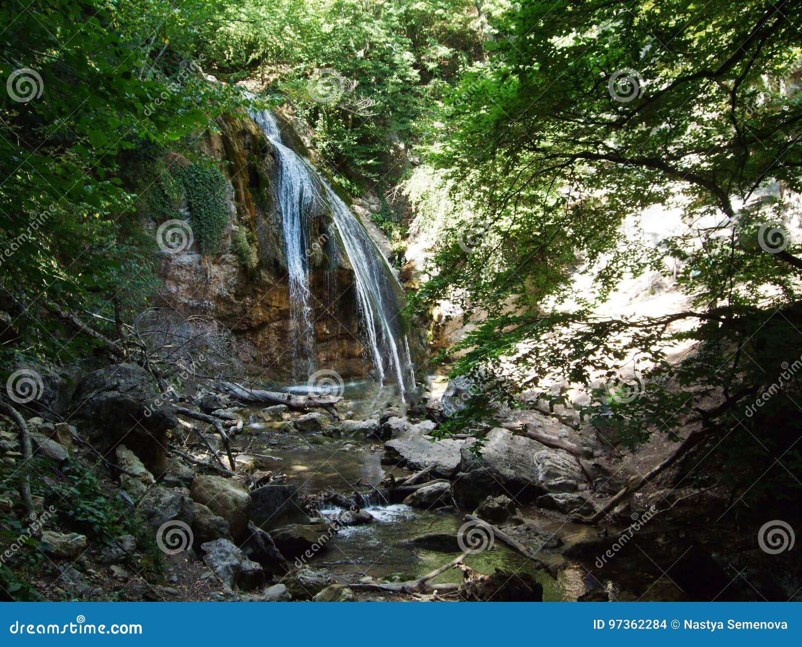 Waterfall in a Pine Forest. Crimea Stock Photo - Image of camping ...